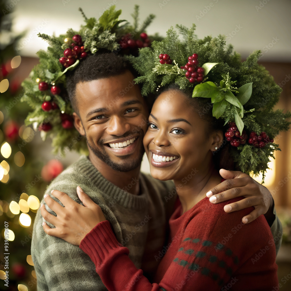 Beautiful African American couple wearing mistletoe wreaths, hugging ...