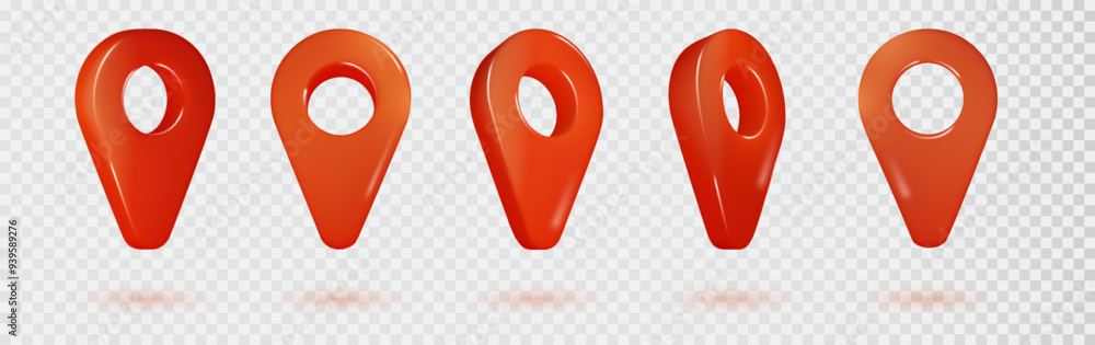 Red map pointer isolated. Realistic location points vector shapes, location point in rotation ...