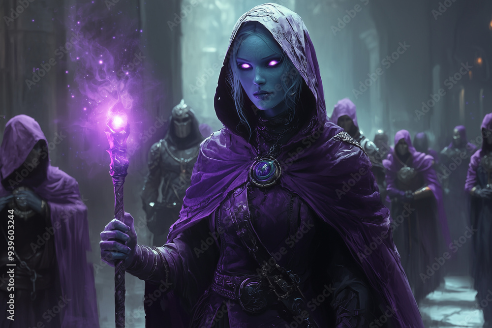 drow priestess in dark robes, her glowing purple eyes and staff ...