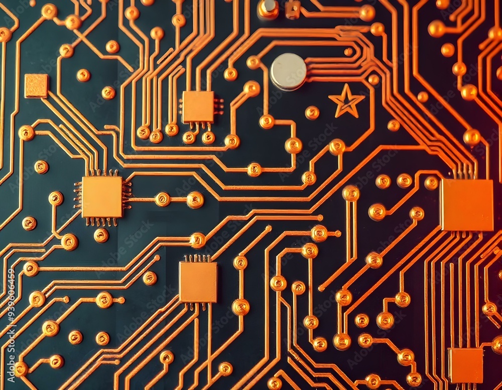 circuit pattern background with a mix of gold and copper elements, detailed with circuit symbols ...