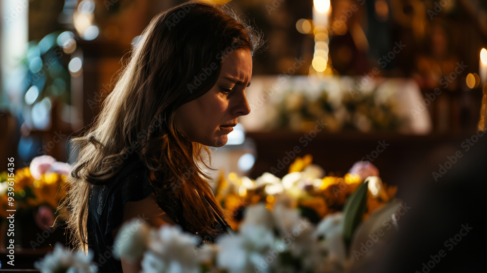 Woman stands amidst a display of flowers, visibly crying as she ...