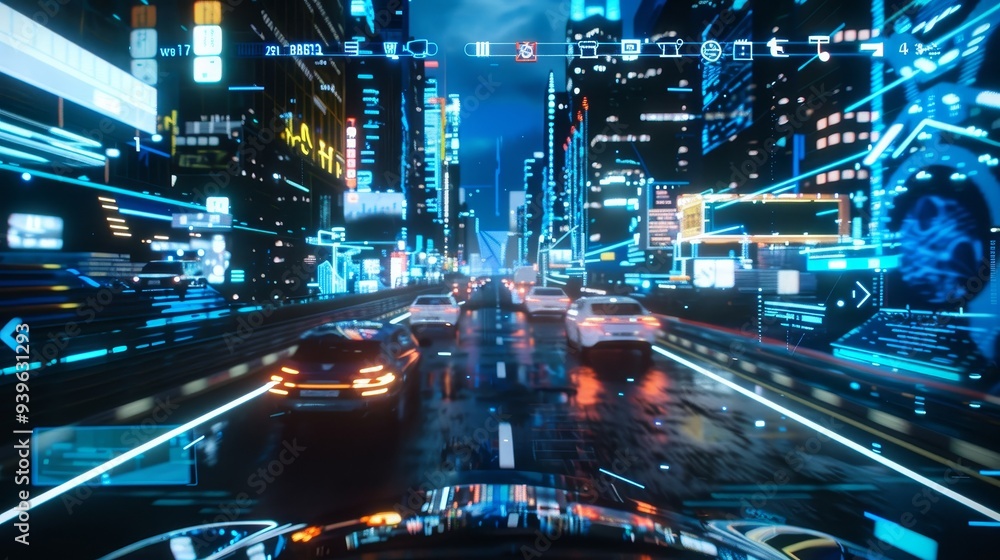 FPV driving screen with bounding boxes over cars and pedestrians ...