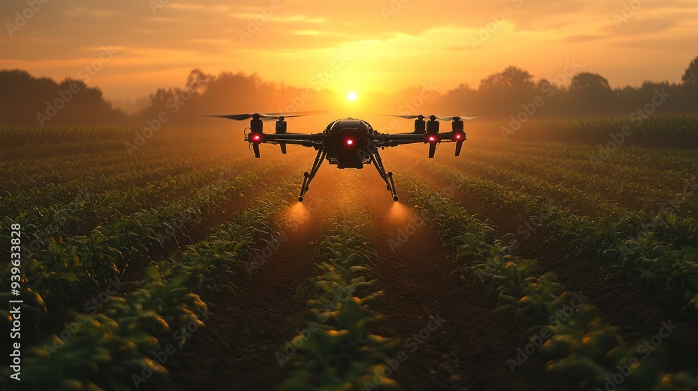 Farmers using drones to monitor crops in a vast agricultural landscape. Farmers using Gen AI ...