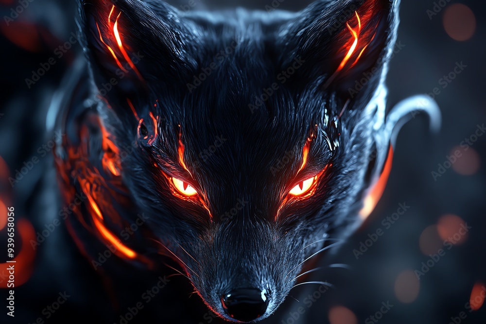 A dark and mysterious image of the nine-tailed fox emerging from the shadows, with only its ...