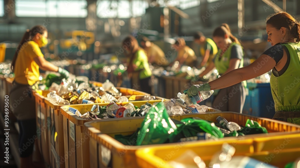 Team collecting recyclable materials at a recycling center. Stock Photo ...