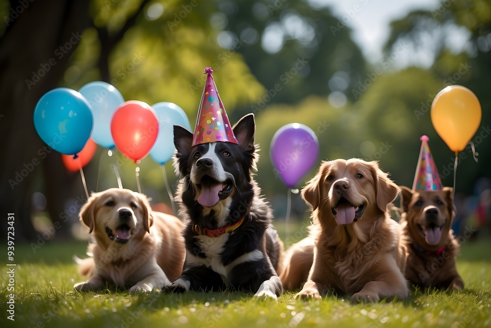 Happy Dogs Celebrating a Birthday on the Grass with Party Hats and ...