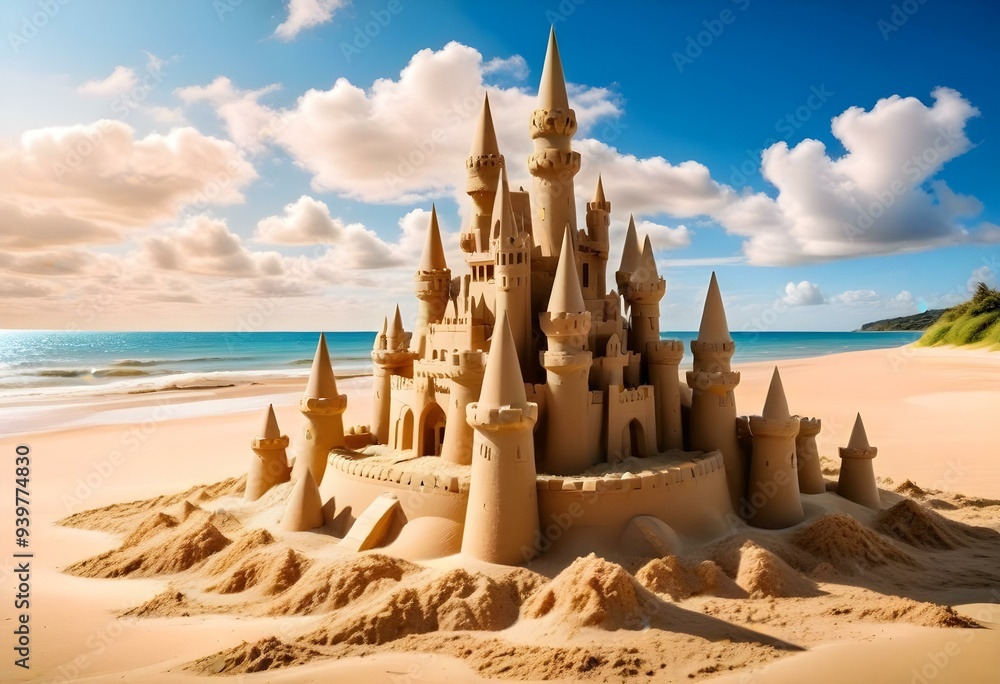 Fantasy magic fictionale giant sand castle with multiple towers and ...