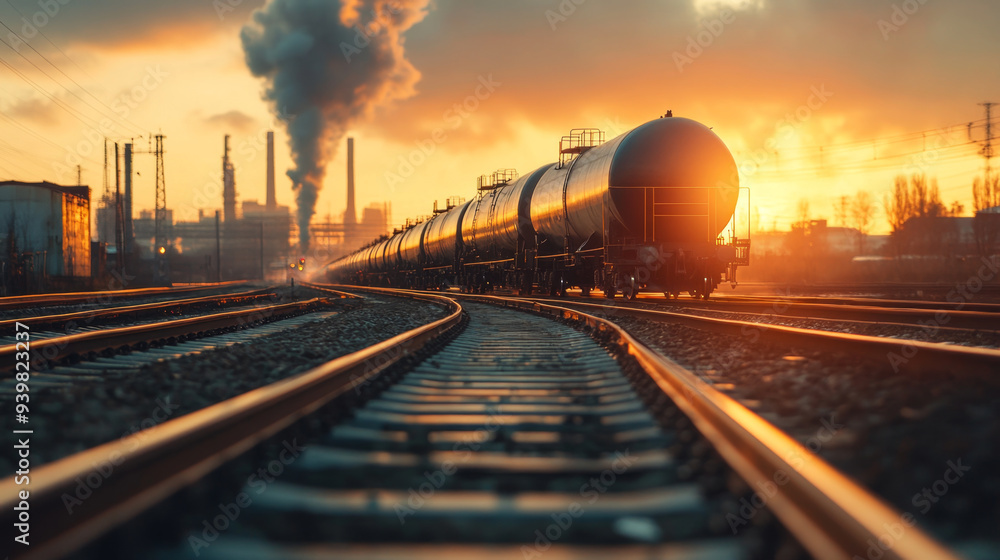 Freight train carrying tanker cars on tracks during sunset ...