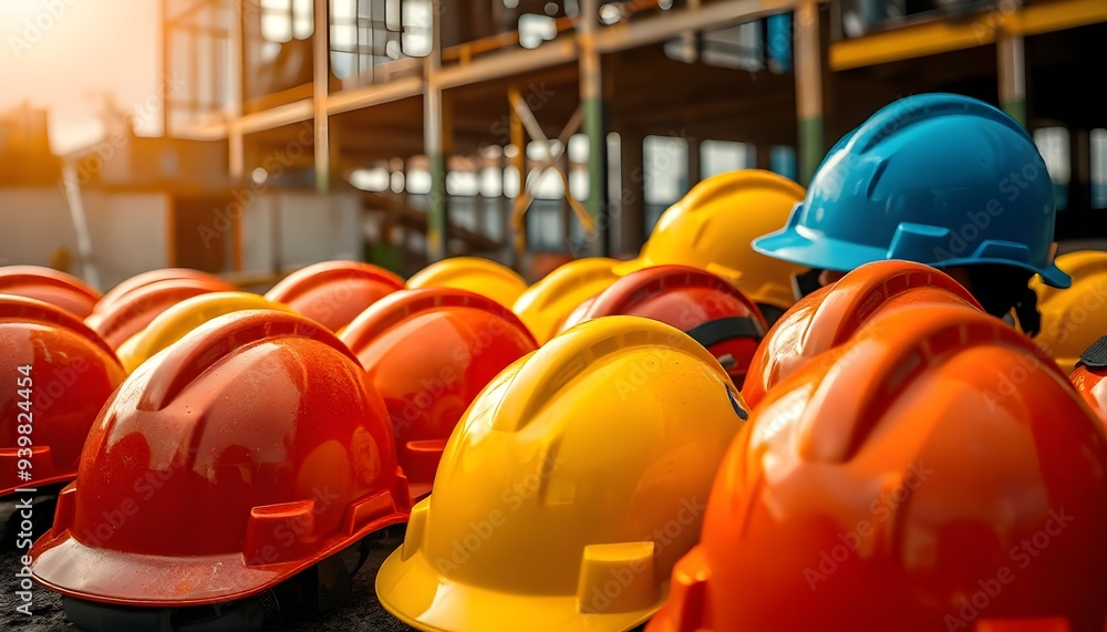 variety of colored safety helmets on a construction site represents ...
