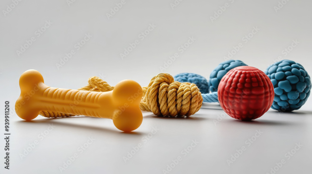 layout of a set of dog toys on a white background, ball, rubber bone ...