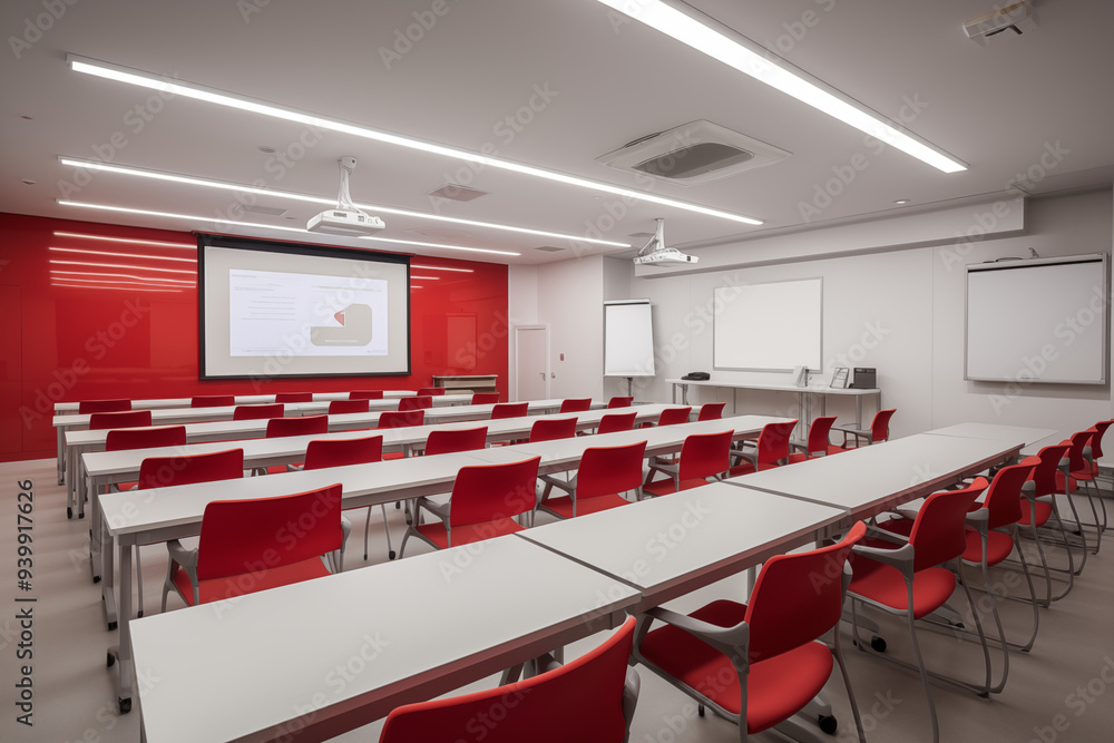 Modern Classroom with Red Chairs and Projector Screen Training Room ...