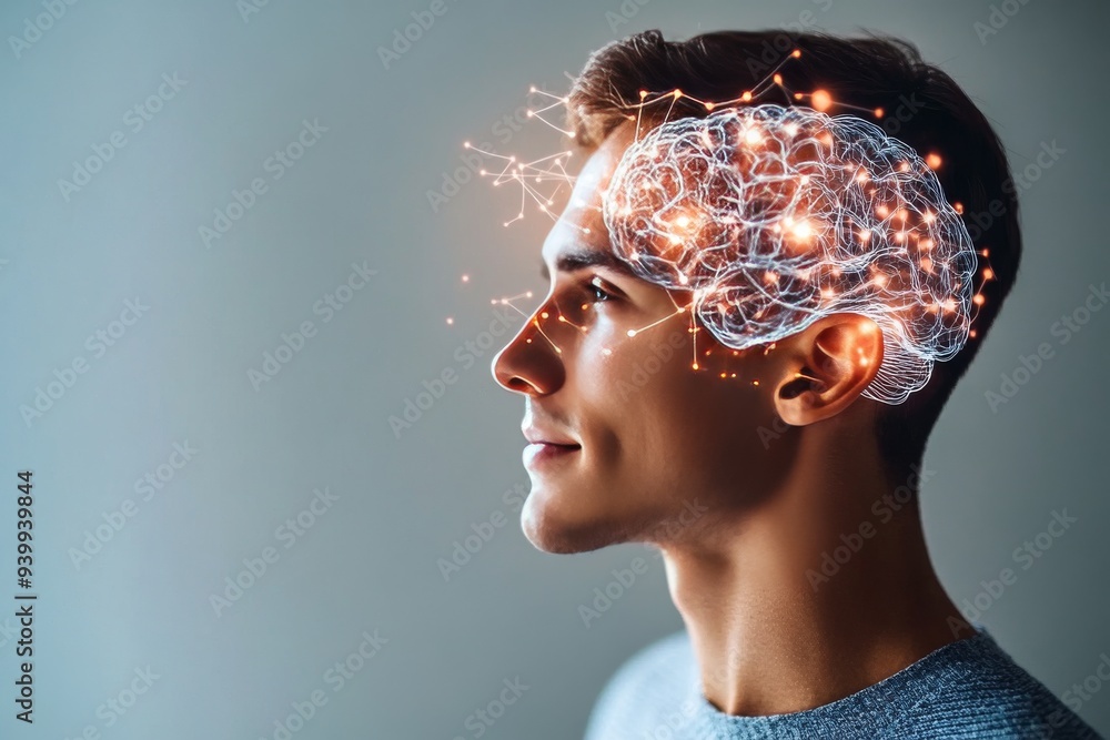 Profile of a young man with a digital brain network illuminated ...