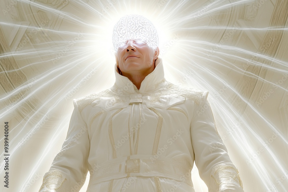 Futuristic man in white with a radiant light emanating from his mind ...