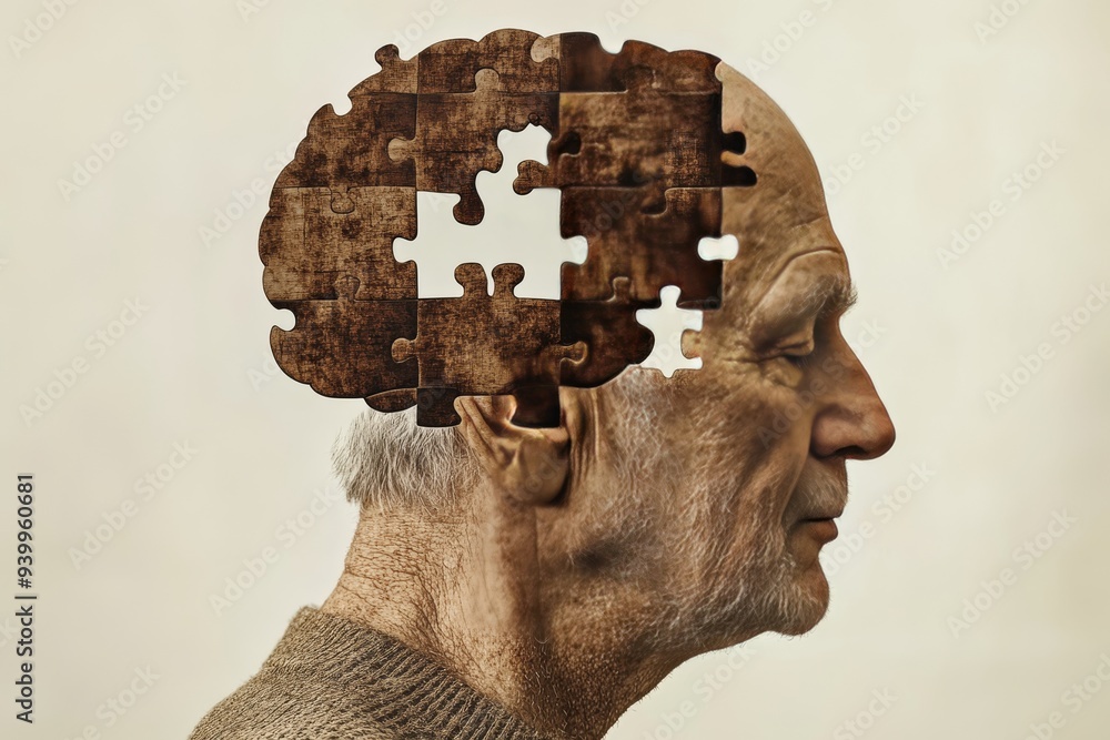 Elderly man with puzzle pieces missing from his brain symbolizing ...