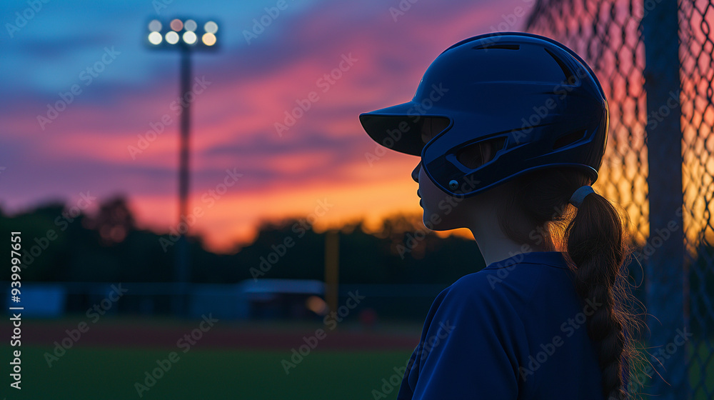 Golden Hour Determination: A young softball player reflects against a ...