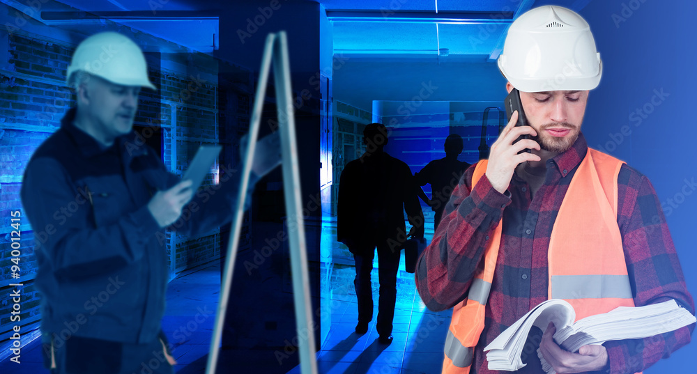 Teamwork of builders. Man engineer. Two construction workers. Architect ...