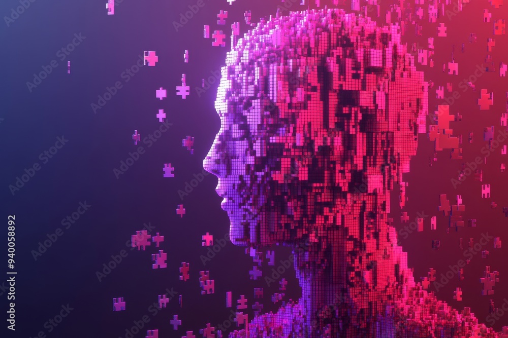 Vibrant digital art of a human profile dissolving into glowing puzzle pieces representing the ...