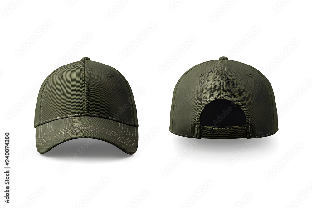 3/4 front and back view of military green hat mockup with detailed ...