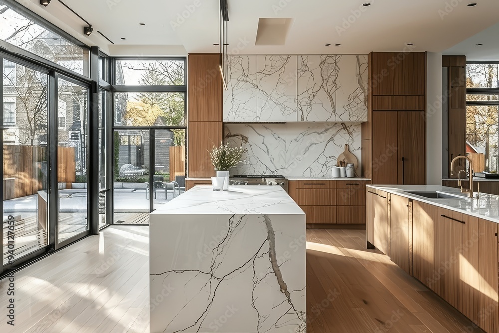 Modern open kitchen with white marble island and wood cabinetry in a ...