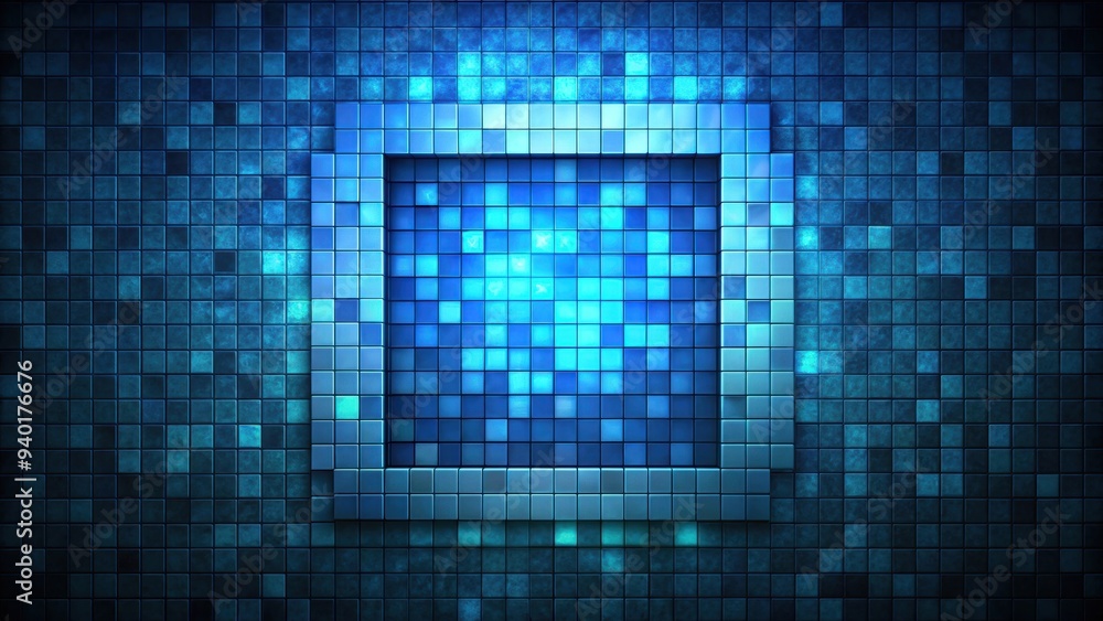 Minimalist pixel art of blue square and rectangular blocks on a glitchy ...