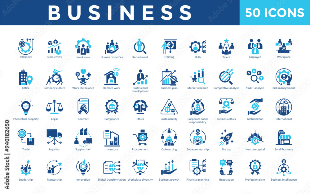 Business icon set with efficiency, productivity, workforce, human ...