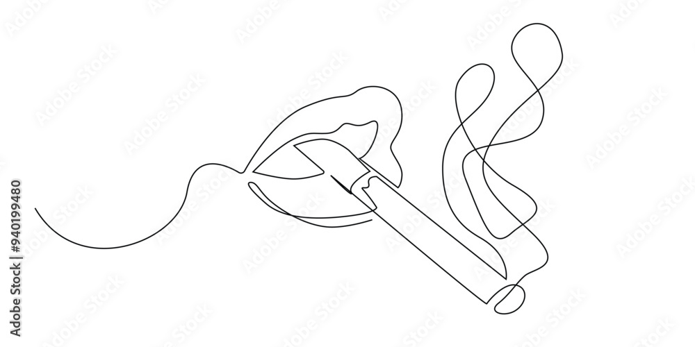 continuous line of lips smoking a cigarette.one line drawing of lips ...