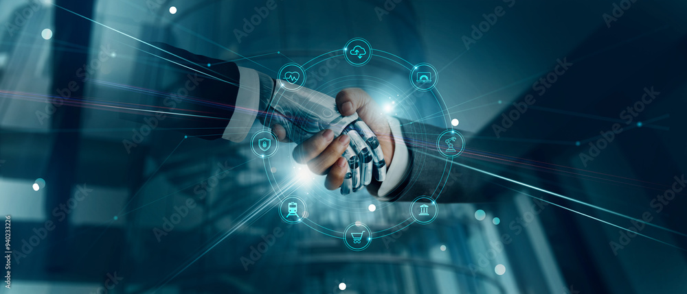.Handshake of robot and human, AI, Machine learning, AI adoption for ...