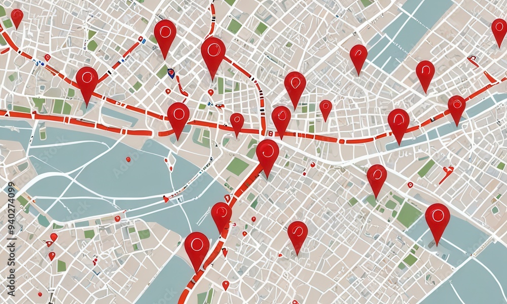 map with multiple red location pins scattered across various streets in ...