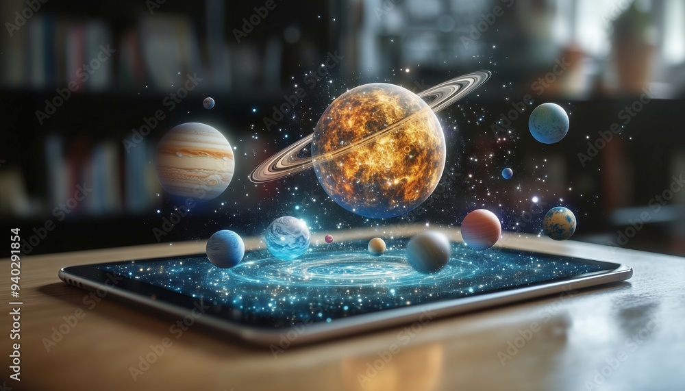 A tablet on a classroom desk displays an augmented reality solar system ...