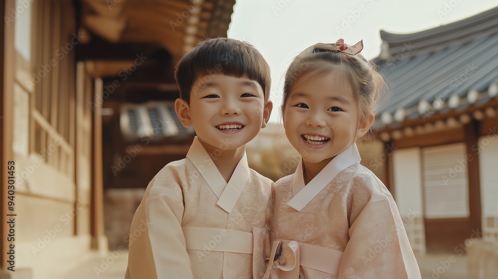 Stock-Foto „Korean Traditional Hanbok: Adorable brother and sister twinning in traditional ...