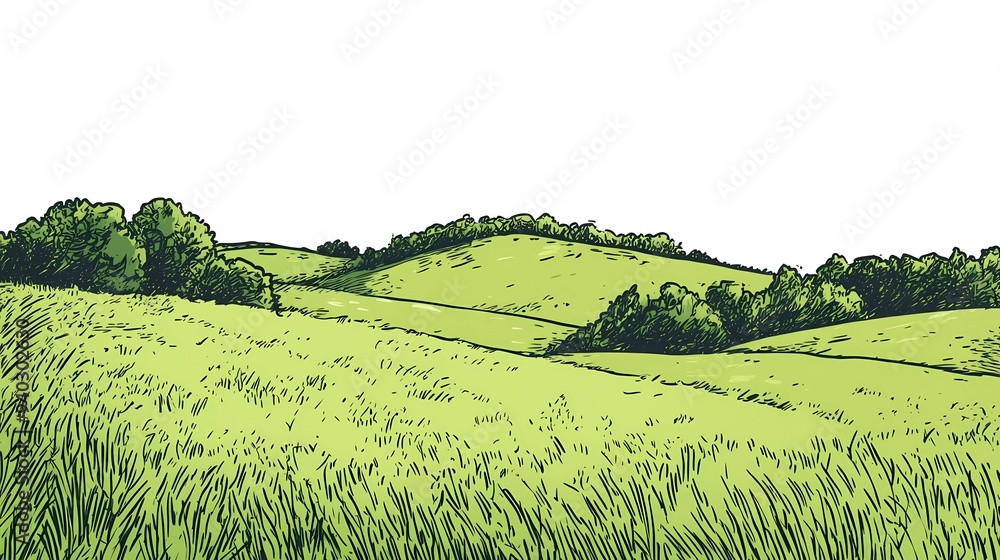 Vector drawing of green fields, white background, vector illustration ...