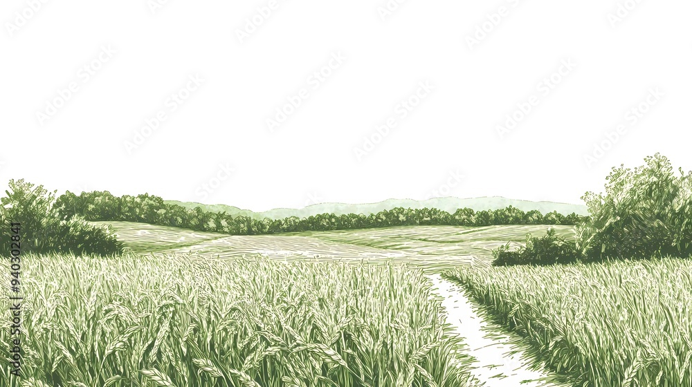 Vector drawing of green fields, white background, vector illustration ...