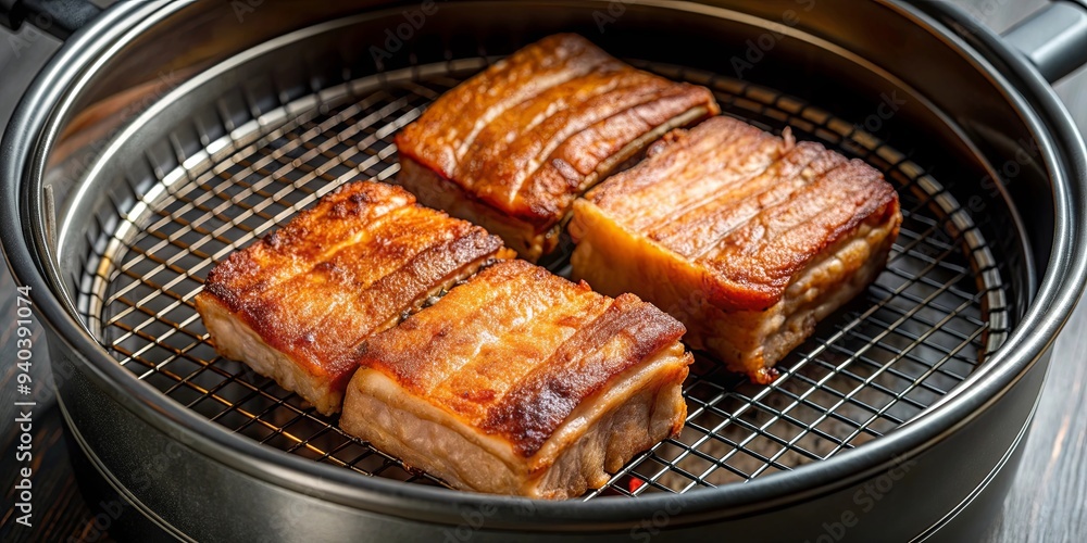 Illustration Stock Cooking crispy pork belly in airfryer, pork belly ...
