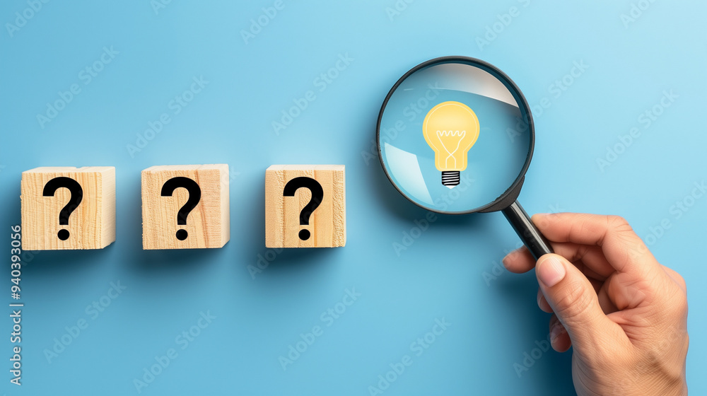 Magnifying glass highlighting a lightbulb among wooden blocks with ...