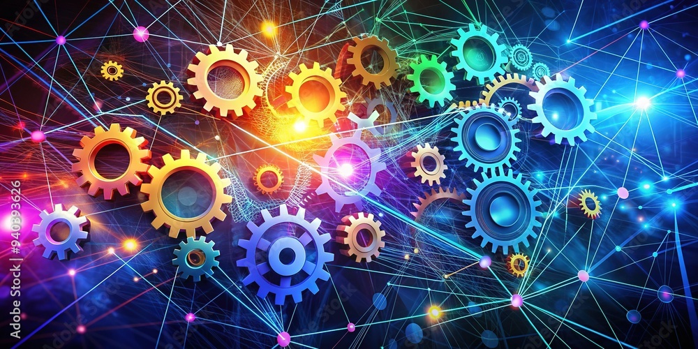 Colorful abstract digital background featuring interconnected gears, cogs, and nodes ...