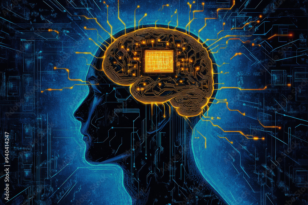 Human brain with implanted neural ink chip implanted, Neural connection ...