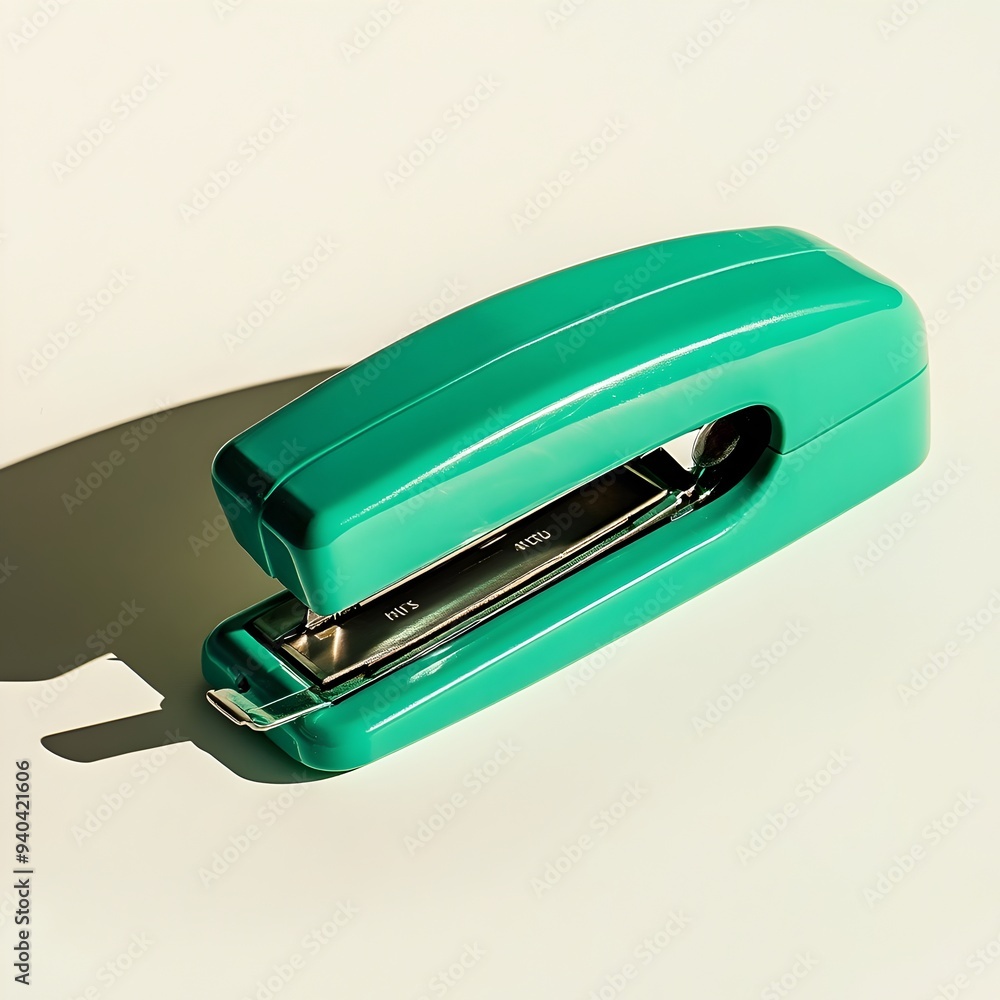 Closeup of a green stapler remover placed at the center of a light ...