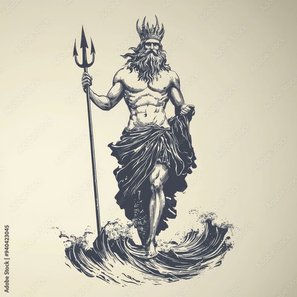 Poseidon, the Greek god of the sea, wielding his trident and standing ...