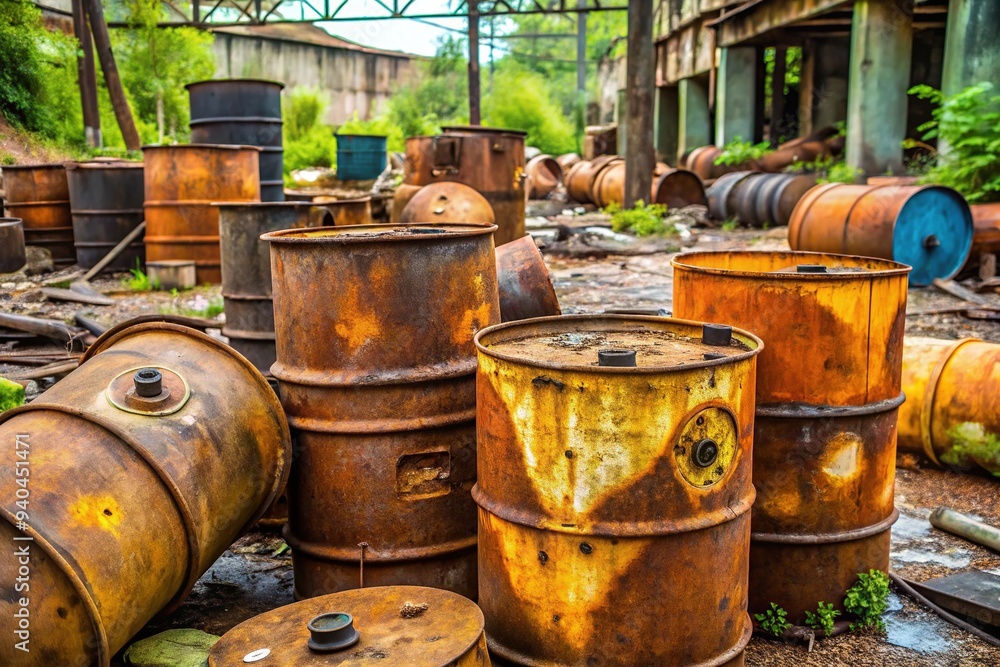 Rusted, leaking drums with hazmat symbols and warning labels ...
