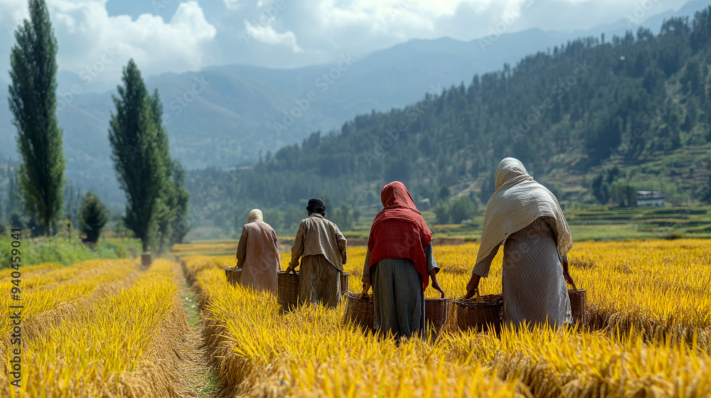 Farmers harvesting crops in golden rice field with baskets Stock Photo ...