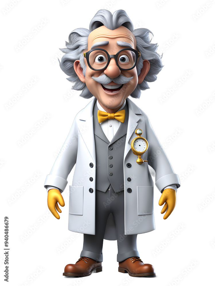 Cheerful cartoon scientist with gray hair in white lab coat on ...