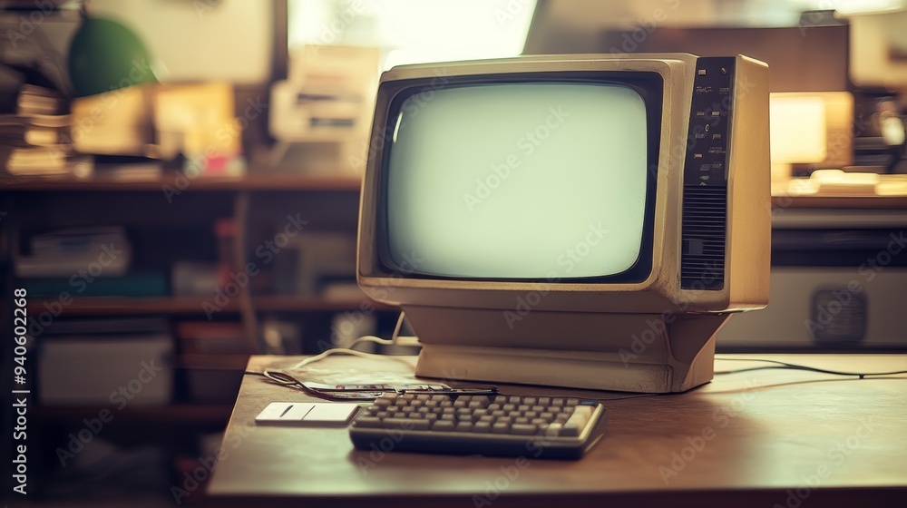 Retro Workplace Setup with Old Computer and Monitor on Desk Generative ...