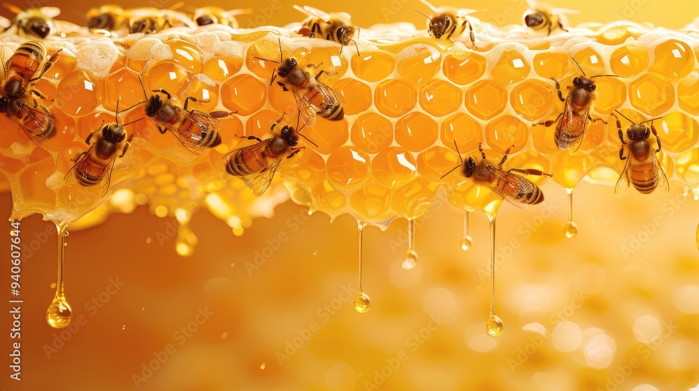 Bee cells at the top of the image with honey flowing down on a solid ...