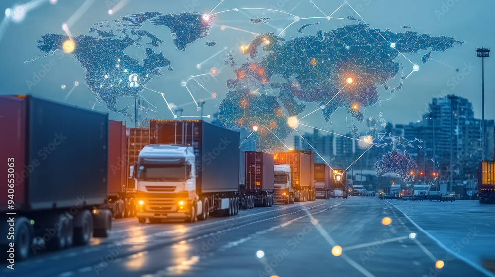 A world map overlaid with a logistic network distribution, symbolizing ...