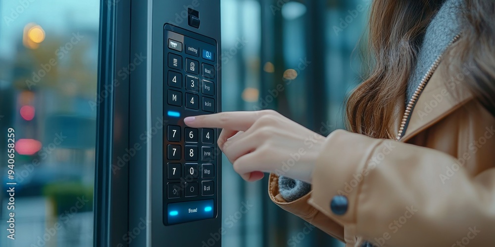 Futuristic Smart Home Security: Woman's Fingertip Unlocking Digital Touch Screen Keypad. Modern ...