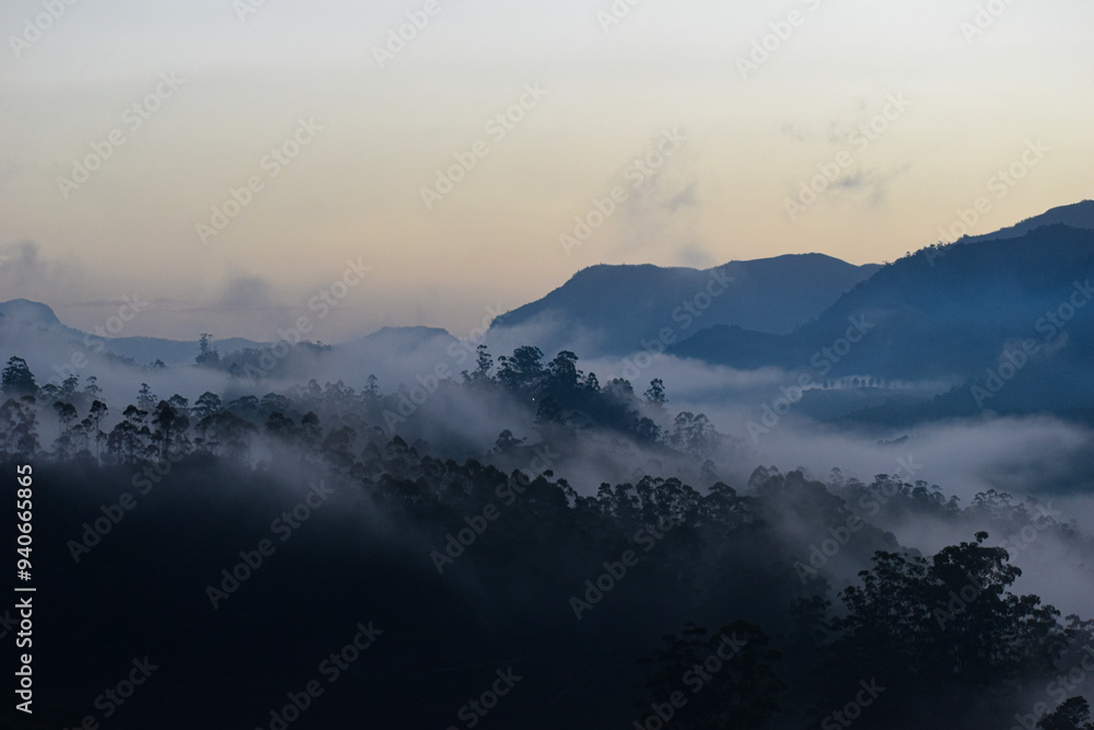 Mountain ranges covered in fog in Munnar which is one of the beautiful ...