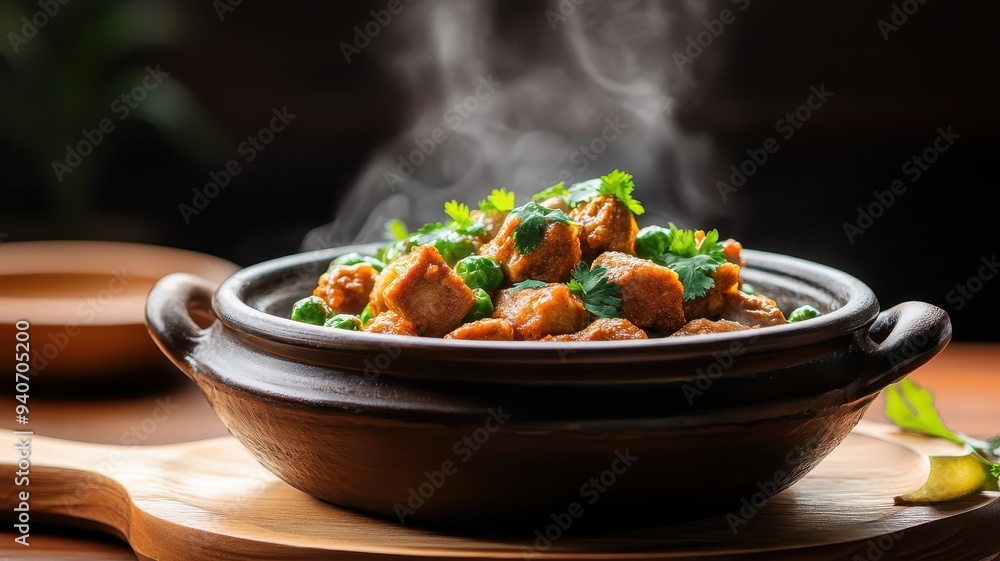 Curry in a traditional clay pot, steam rising from the flavorful blend ...