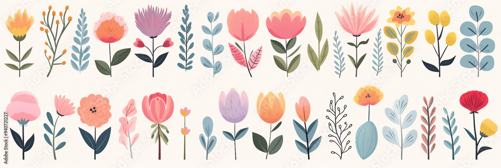Spring vector flower clipart set in bright pastel color Stock Photo ...
