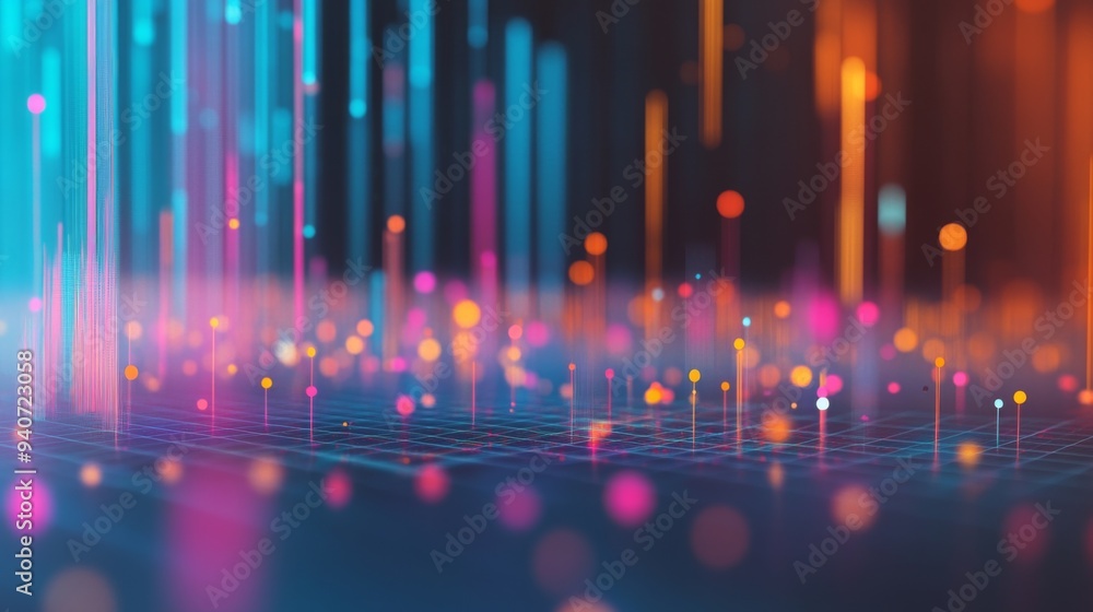 A close-up of a 3D scatter plot with data points floating above a grid, using various colors and ...