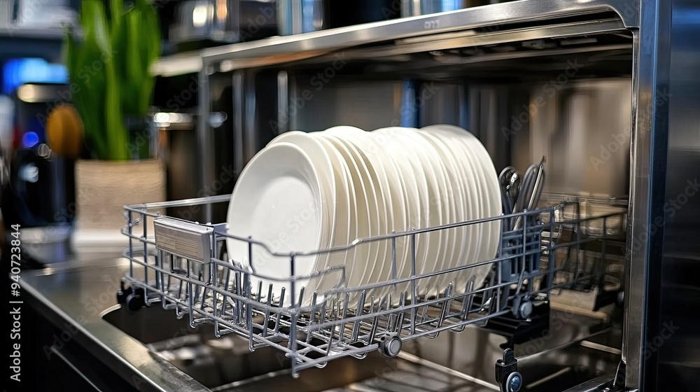 Clean plates in a dishwasher rack. This photo depicts the final stage ...